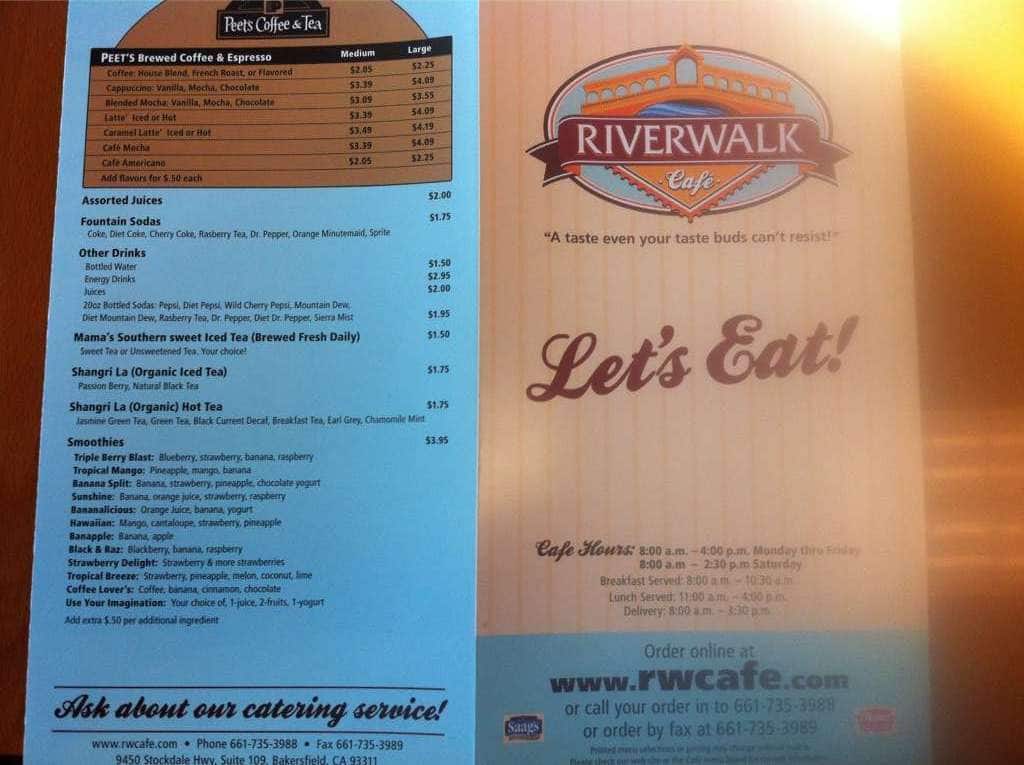 Carta de Riverwalk Cafe, Bakersfield, Stockdale Hwy # 109