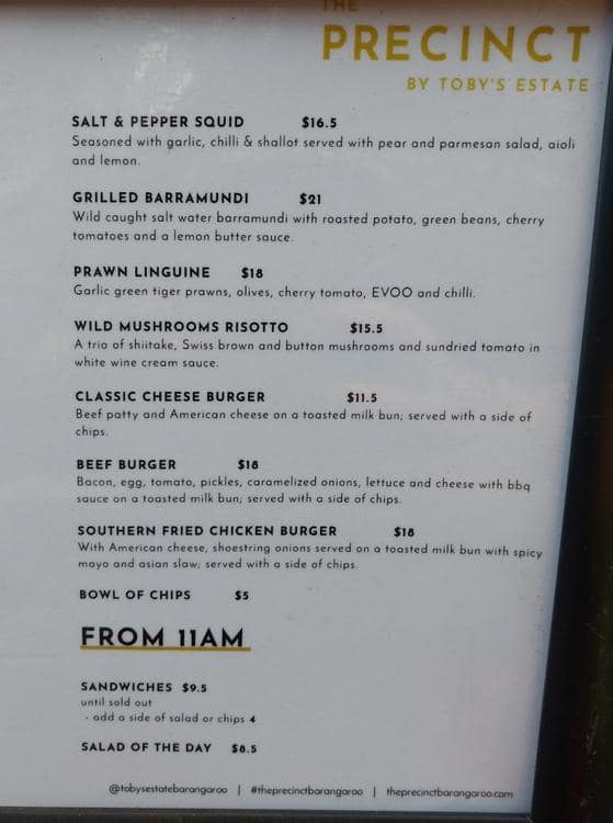 Menu at Toby's Estate cafe, Sydney, 120 Sussex St