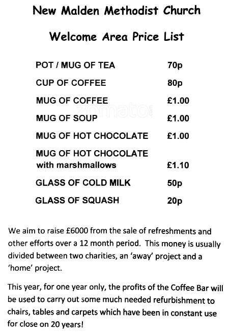 Menu at New Malden Methodist Church Coffee Bar, London