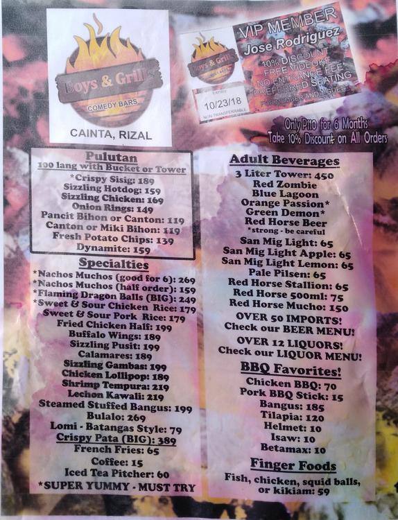 Menu at Boys & Grills BBQ, Cainta