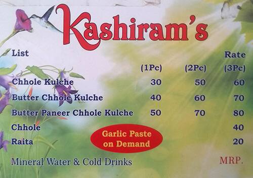 Menu at Kashi Ram Chole Kulche Wala, New Delhi