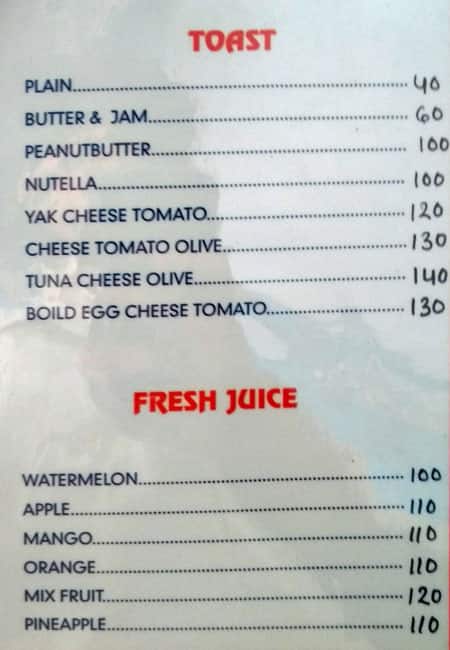 Menu at German Bakery, Manali, Manu Temple Rd