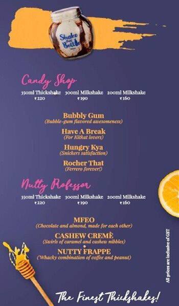 Menu at The Thickshake Factory, Bengaluru, WJP7+4G8