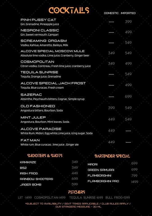 Menu at The Alcove Restobar, Chennai