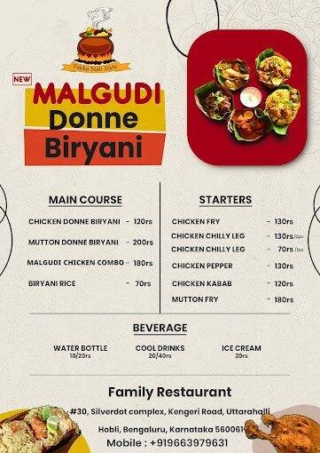 Menu of New Malgudi Donne Biryani, Uttarahalli, Bangalore