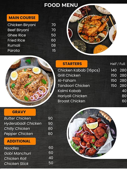 Menu of Zam Zam Kabab Center, HBR Layout, Bangalore