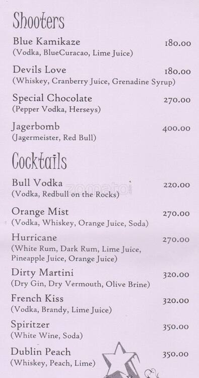 Menu at Bronze, Kolkata