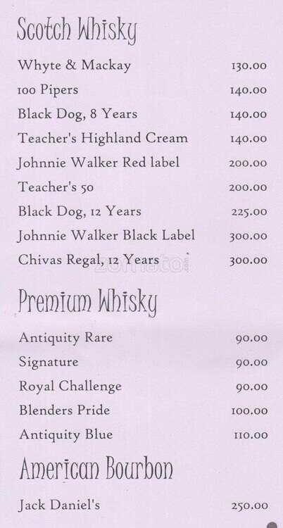 Menu at Bronze, Kolkata