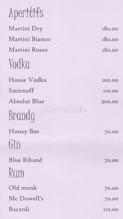 Menu at Bronze, Kolkata