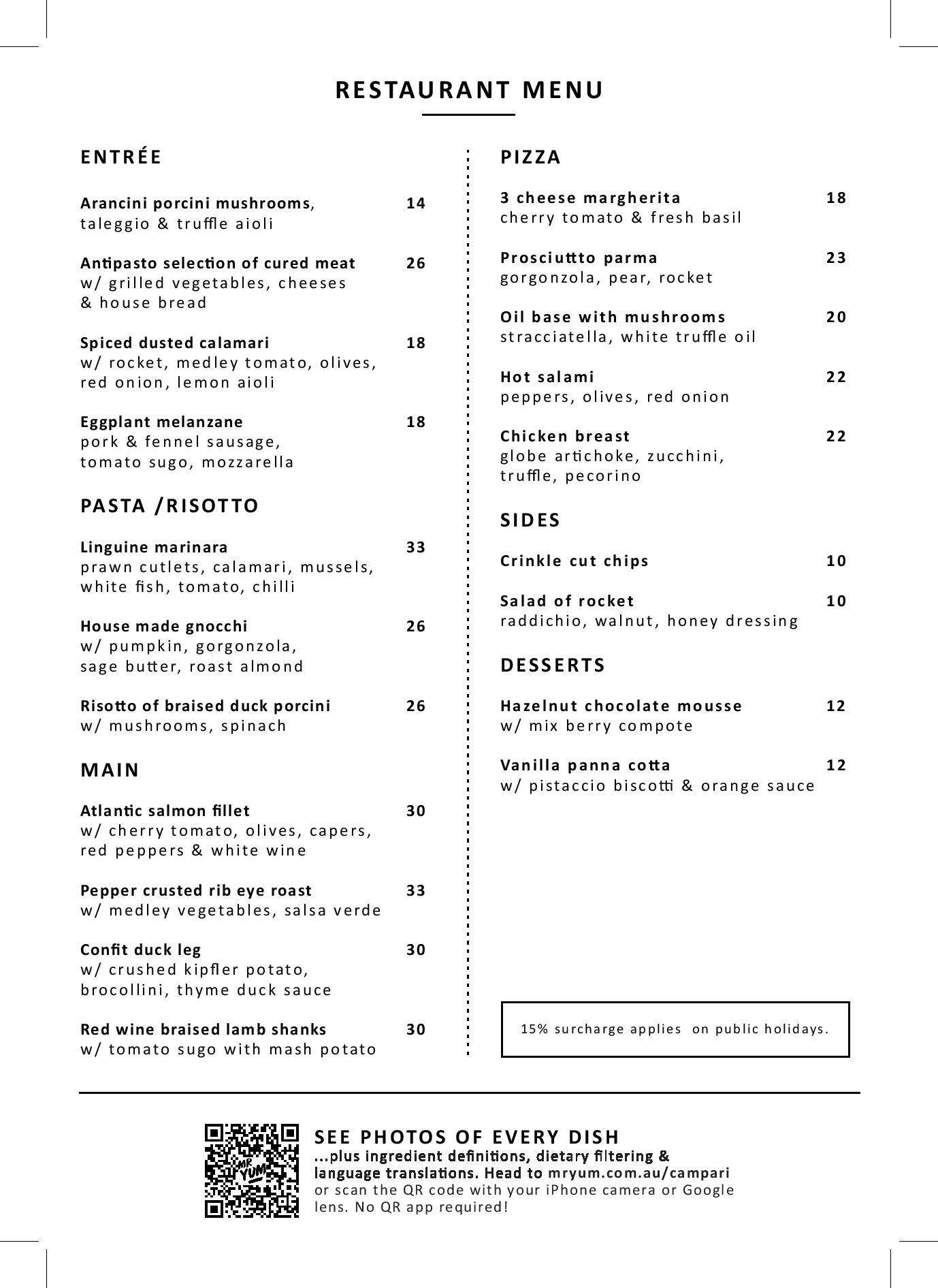 Menu at Campari pub & bar, Melbourne, 25 Hardware Street