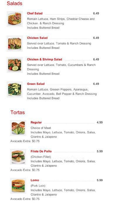 Menu at Taqueria El Sabor restaurant, Tacoma, S Mildred St