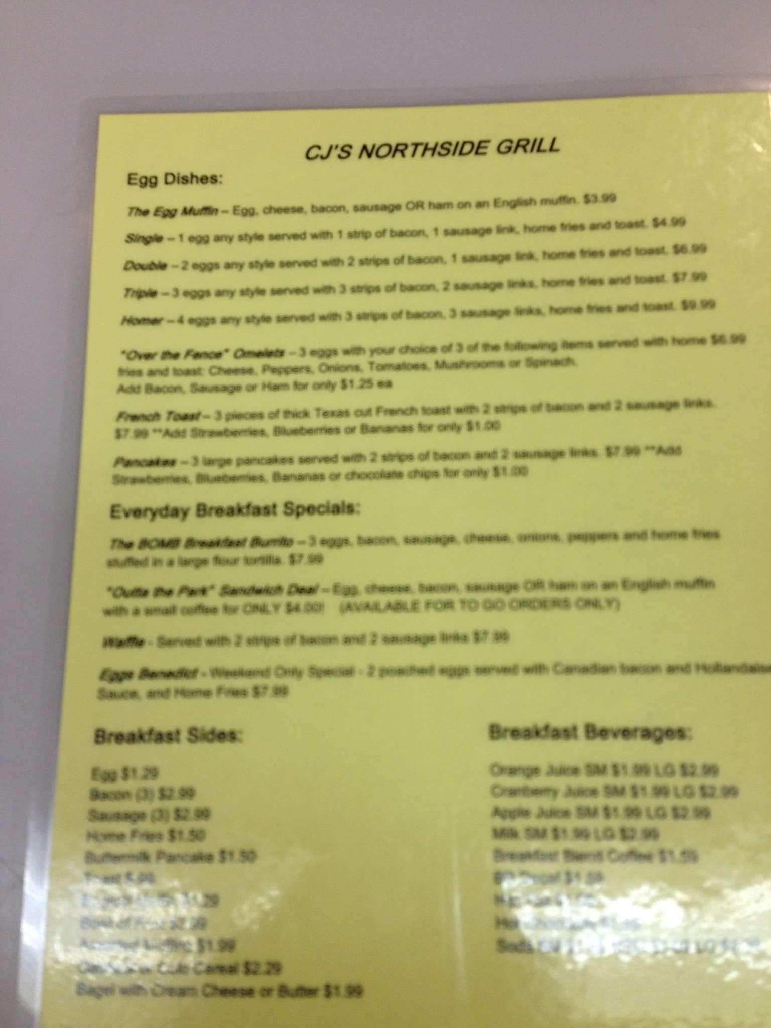 Menu at CJ's Northside Grill restaurant, Framingham