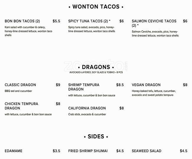 Menu at Bon Bon Sushi restaurant, West Chester