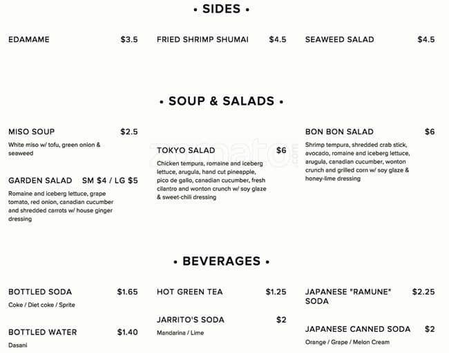 Menu at Bon Bon Sushi restaurant, West Chester