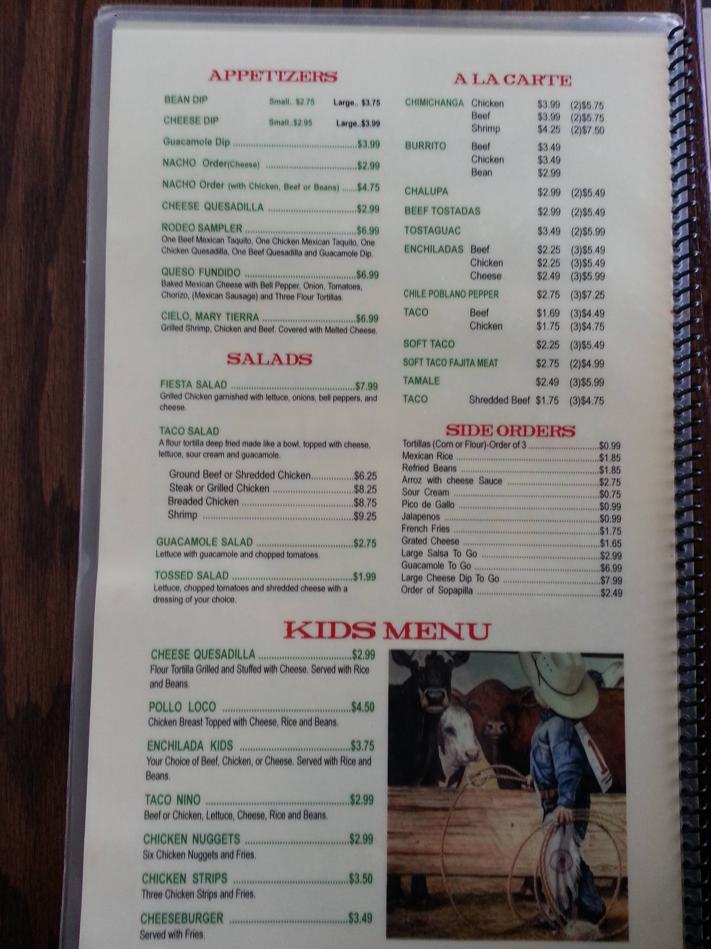 Menu at Rodeo Mexican Grill restaurant, Jonesboro