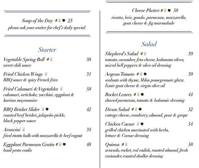 Menu at Divan Palmira, Göltürkbükü