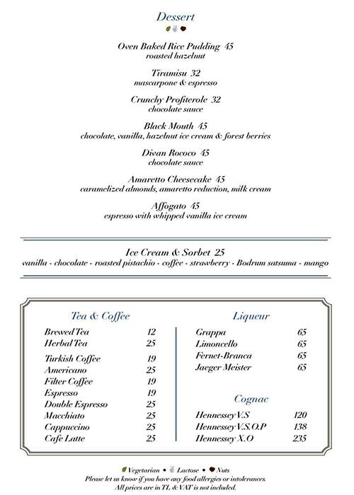 Menu at Divan Palmira, Göltürkbükü