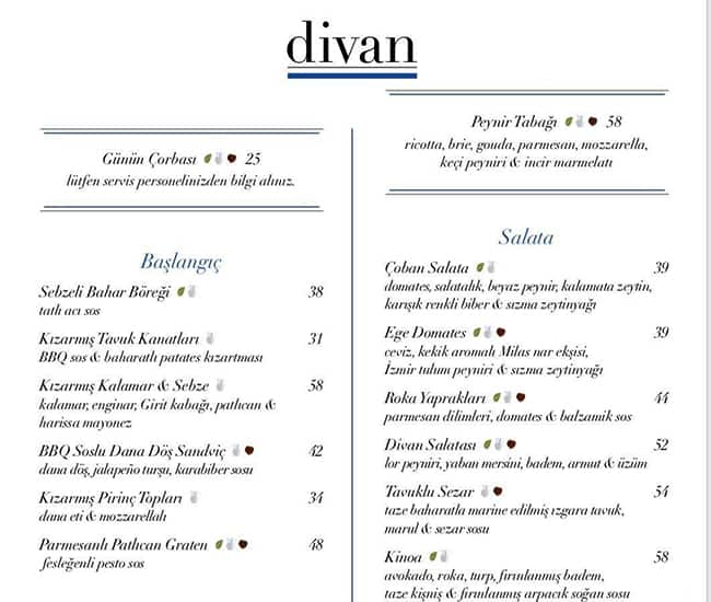 Menu at Divan Palmira, Göltürkbükü