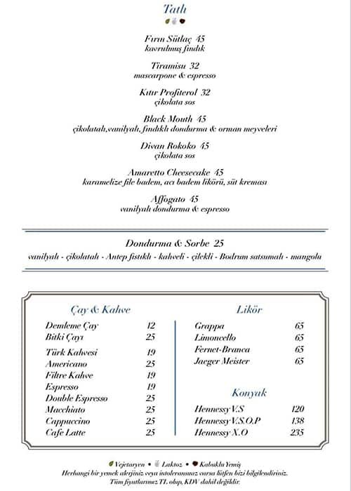 Menu at Divan Palmira, Göltürkbükü