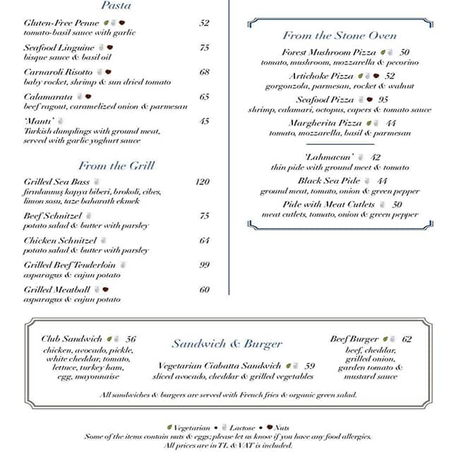 Menu at Divan Palmira, Göltürkbükü