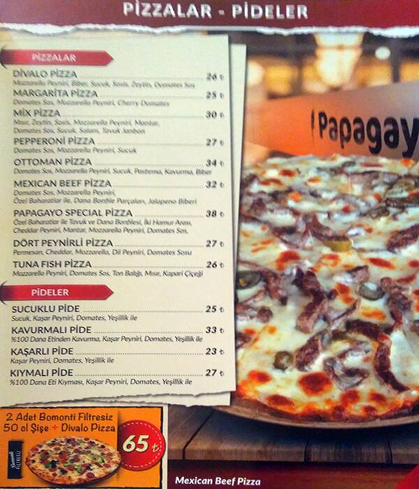 Menu at Papagayo, Istanbul
