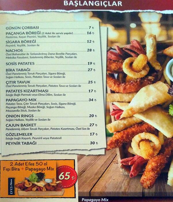 Menu at Papagayo, Istanbul