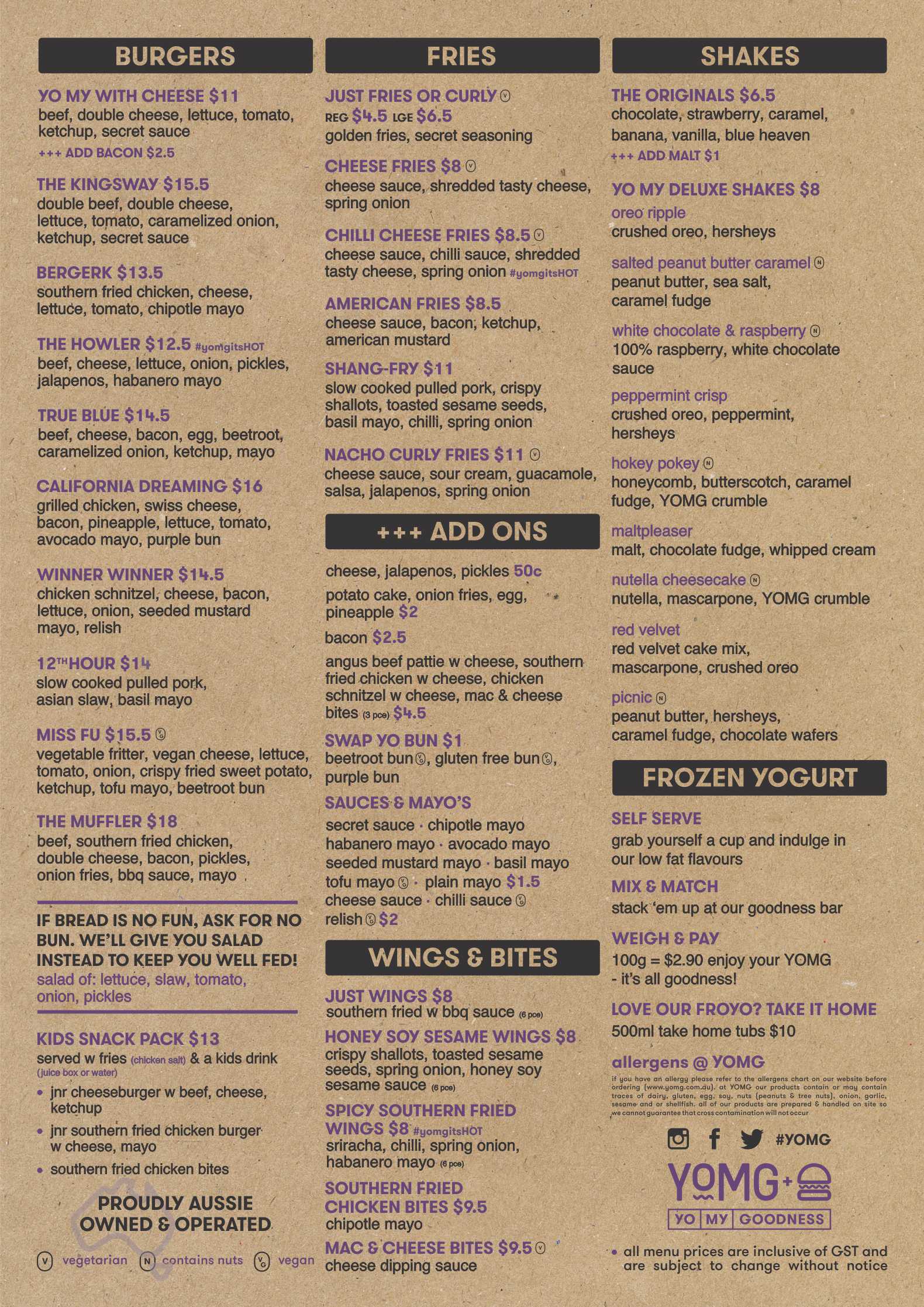 Menu at YOMG Glen Waverley restaurant, Glen Waverley