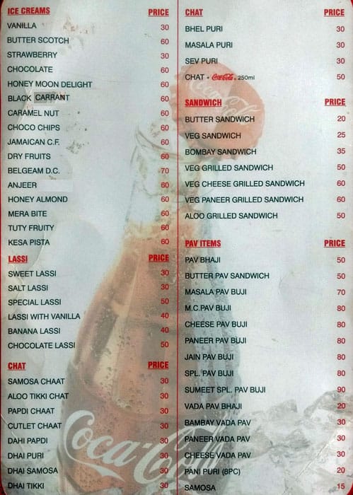 Menu at Sumeet Chat Bhandar, Hyderabad