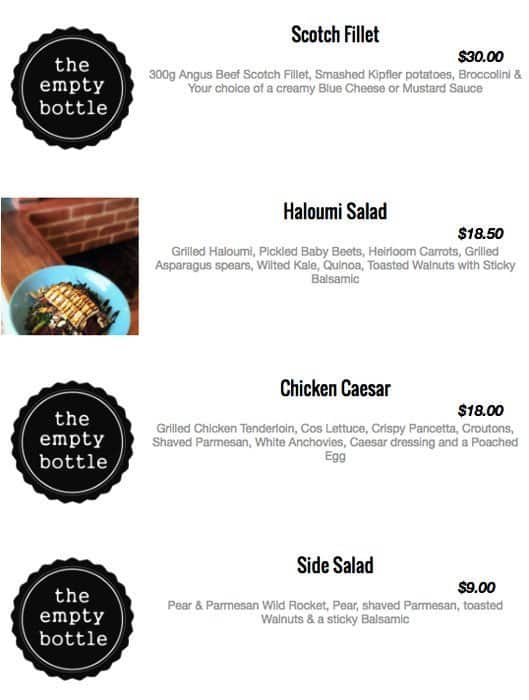 Menu at The Empty Bottle cafe, Glandore