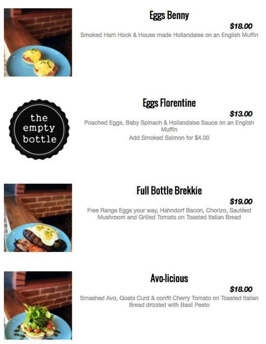 Menu at The Empty Bottle cafe, Glandore