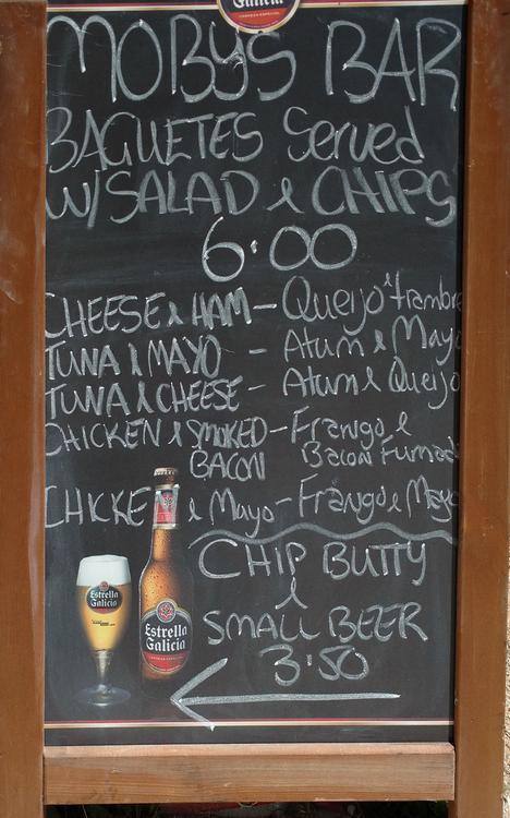 Menu at Moby's pub & bar, Monte Gordo