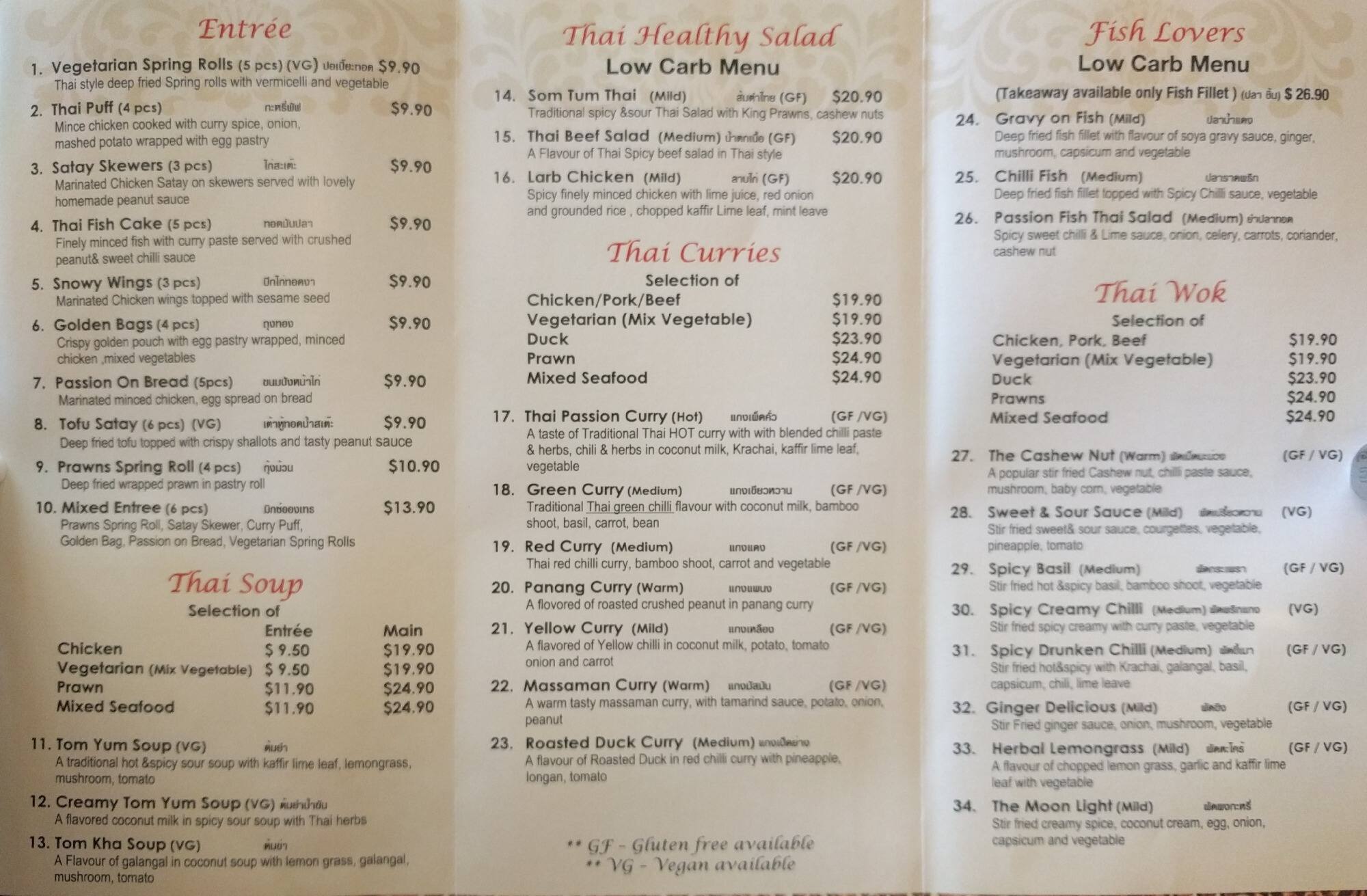 Menu at Thai Passion Fine Cuisine restaurant, Auckland, 11 Litten Rd