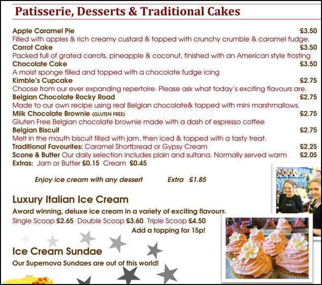 Menu at KIMBLE'S cafe, Glasgow, St Enoch Centre