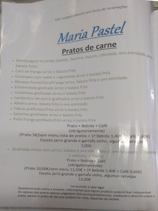 Menu at Café Colina, Lisbon