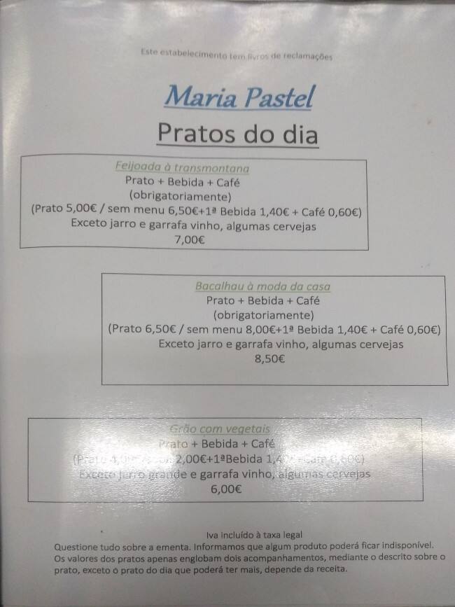 Menu at Café Colina, Lisbon