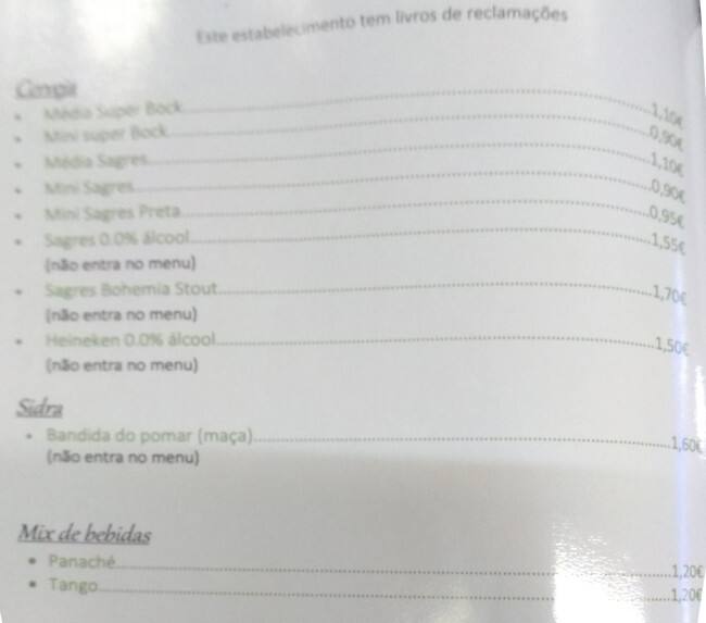 Menu at Café Colina, Lisbon