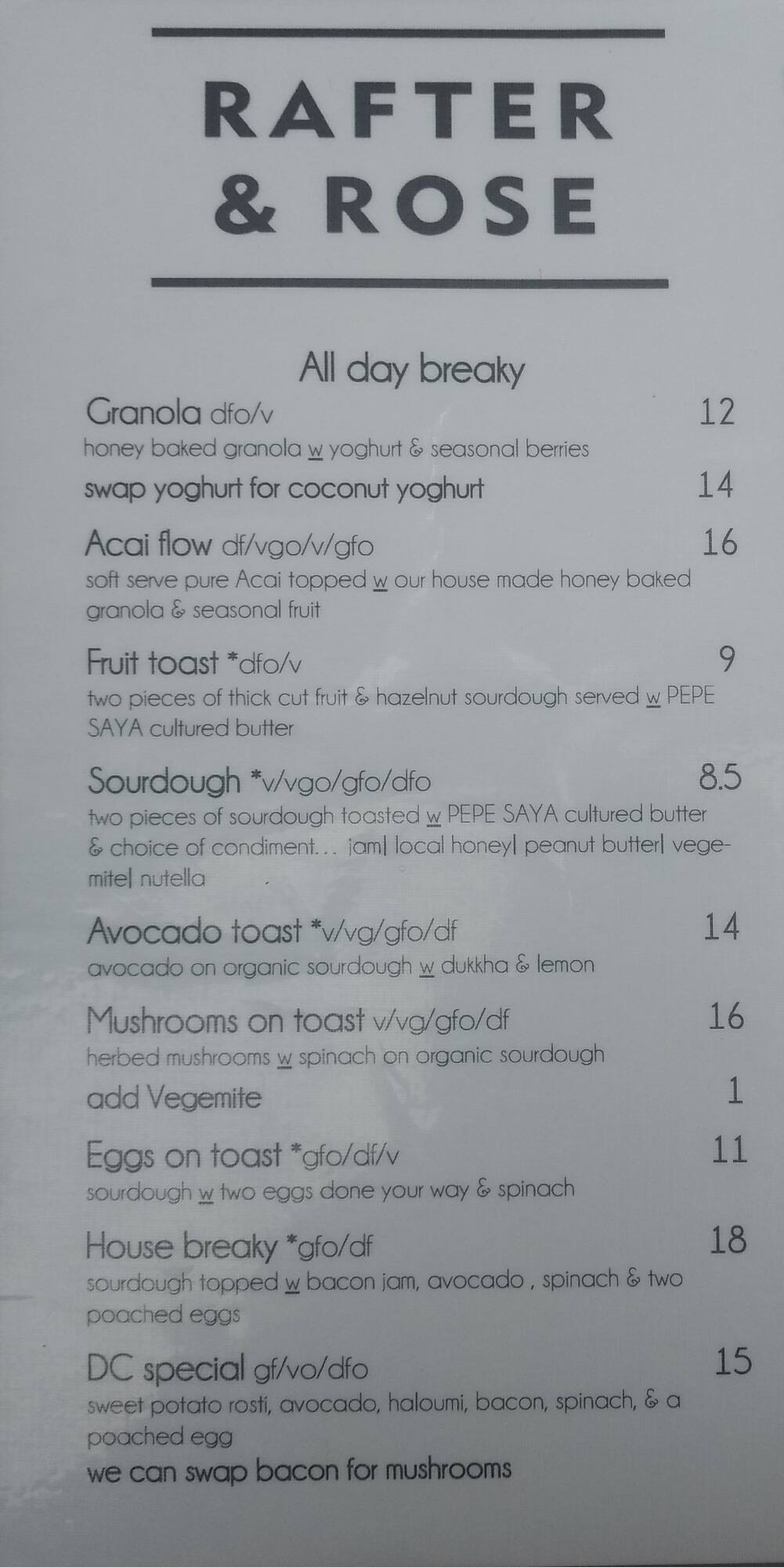 Menu at Rafter & Rose restaurant, Ipswich