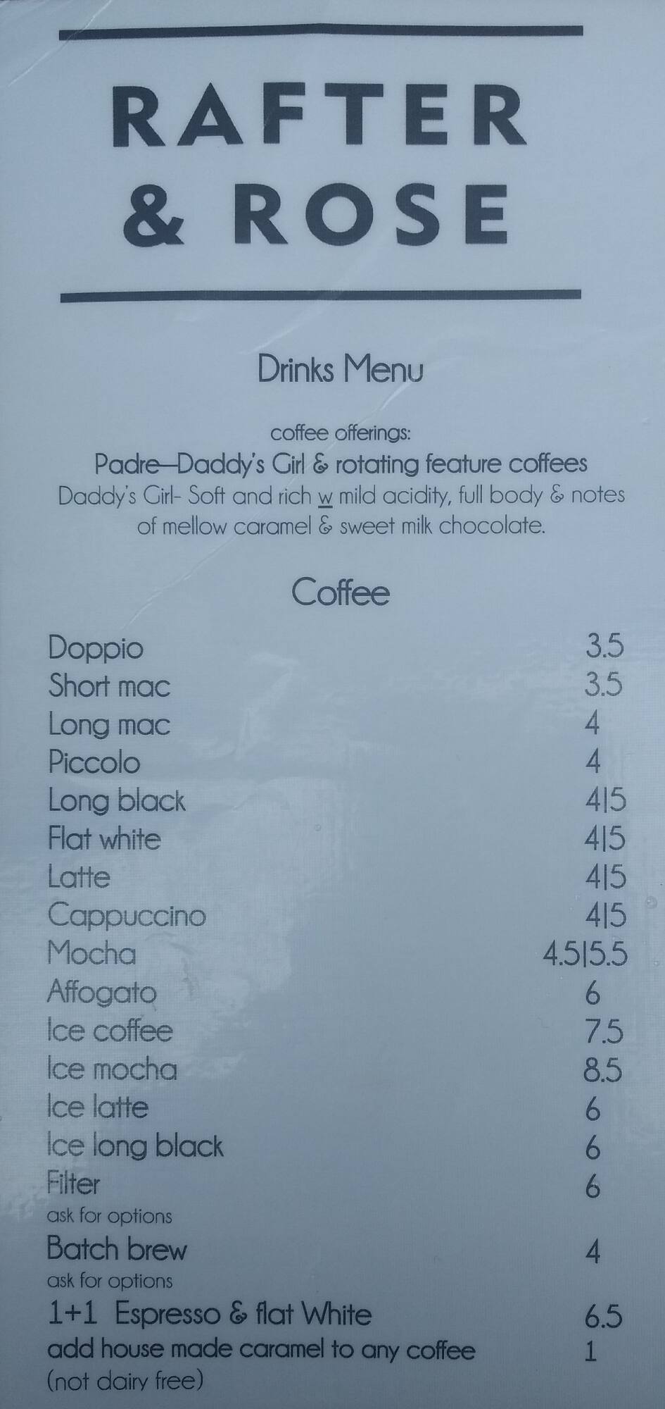 Menu at Rafter & Rose restaurant, Ipswich