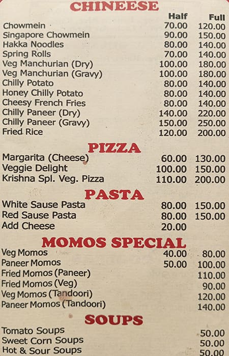 Menu at Krishna Kitchen, New Delhi, M53Q+HMR