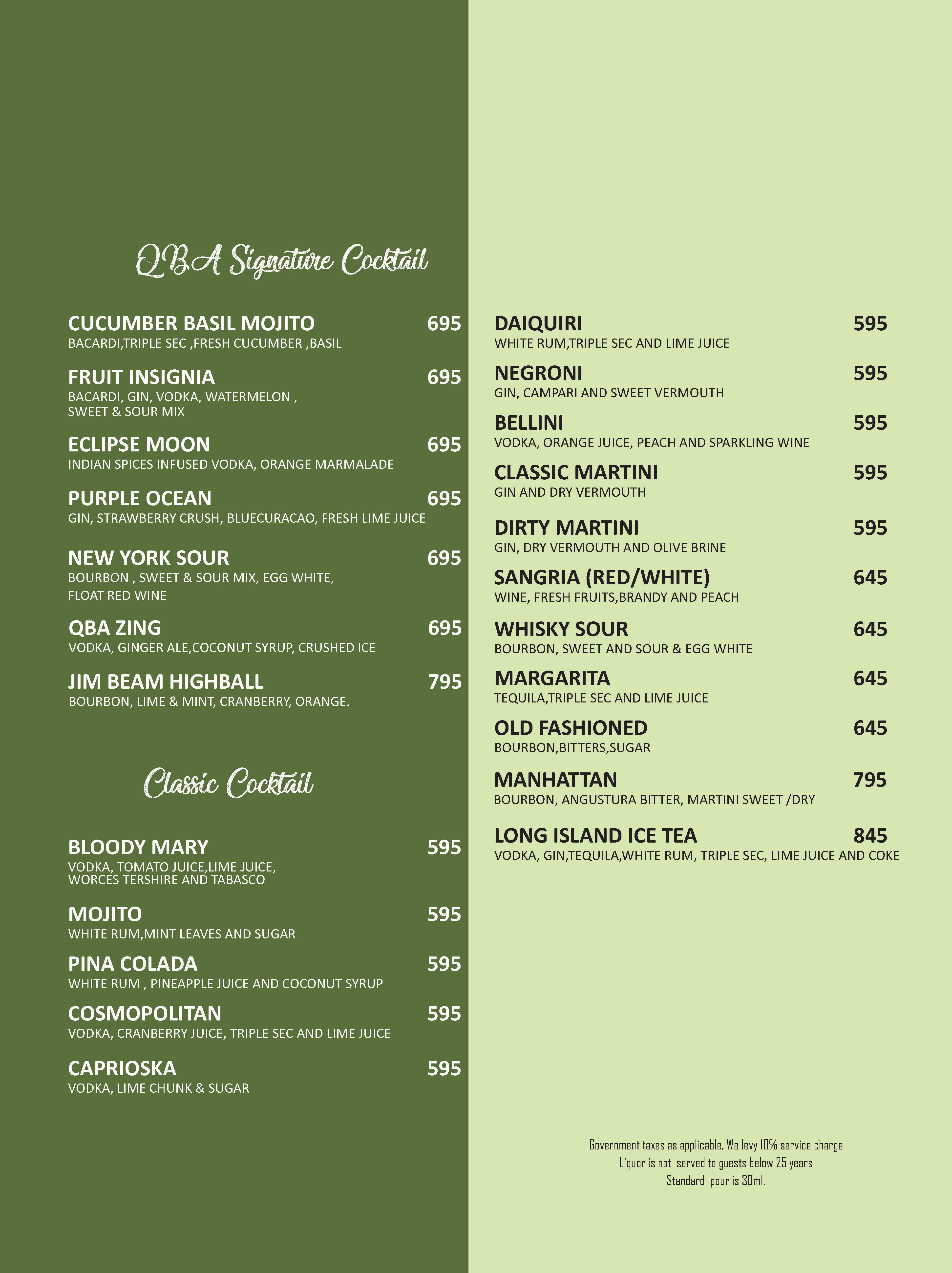 Menu of Q'BA, Connaught Place, New Delhi