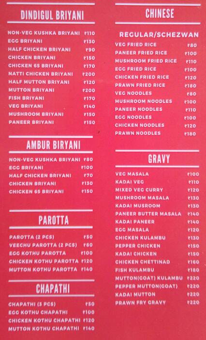 Menu at Vaigai Vilas, Bengaluru, 101/9