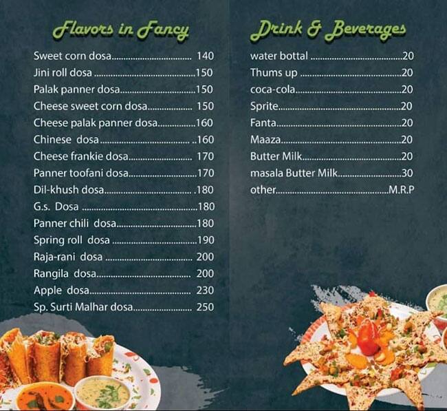 Menu of Surati Malhar Dosa, Airport Gandhinagar Highway, Gandhinagar