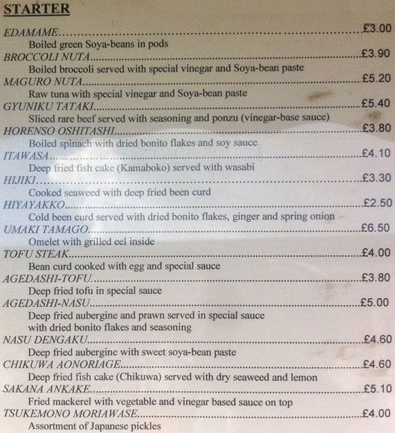 Menu at Asakusa London restaurant, London