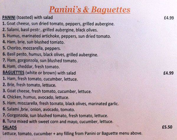 Menu at The Corner London cafe, London, 121-123 Mare St