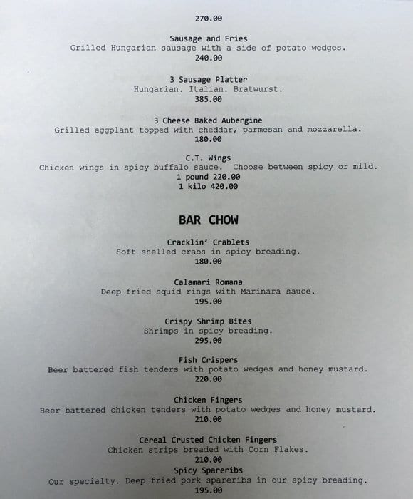 Menu at The Plantation Bar and Bistro, Makati, 102 Valero SALCEDO VILLAGE