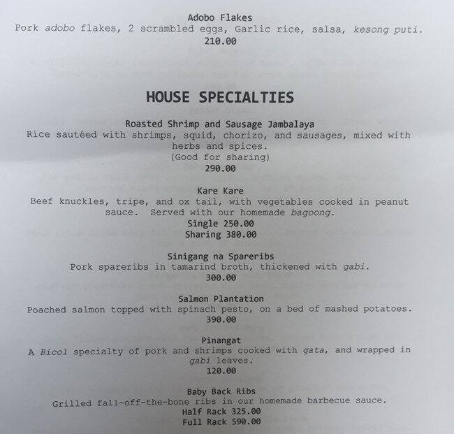 Menu at The Plantation Bar and Bistro, Makati, 102 Valero SALCEDO VILLAGE
