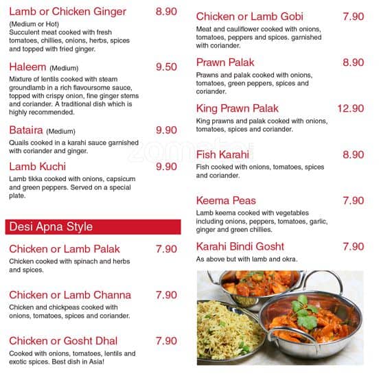 Menu at Lal Qila restaurant, Manchester