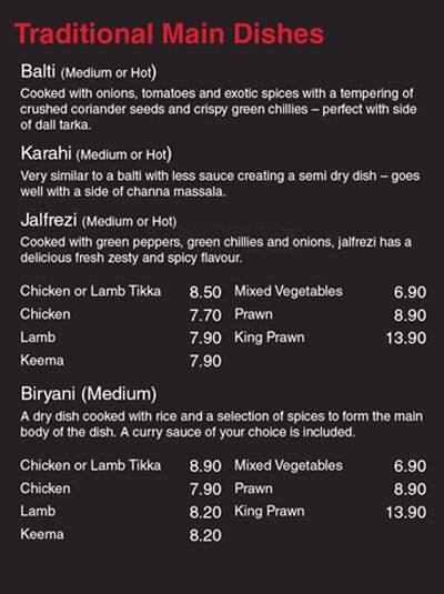 Menu at Lal Qila restaurant, Manchester