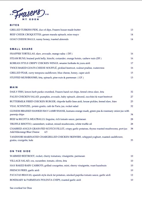 Menu at Frasers desserts, Auckland, 434 Mount Eden Rd