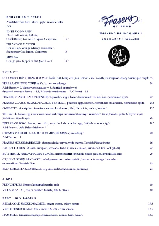 Menu at Frasers desserts, Auckland, 434 Mount Eden Rd